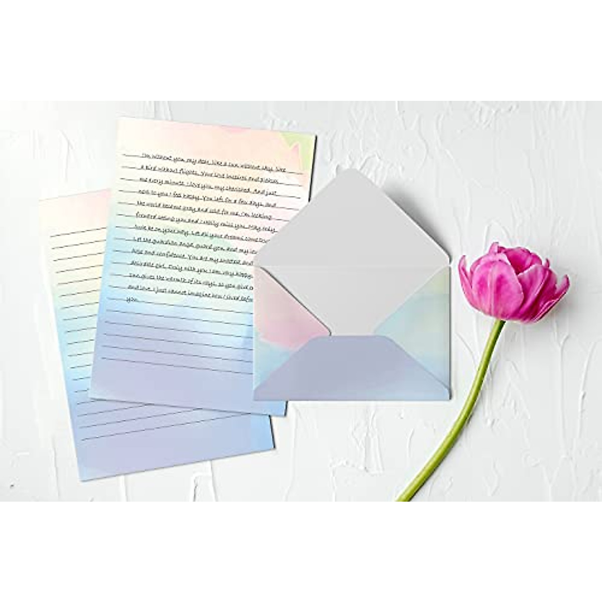 Mini Stationery Set, 100 Piece Set (50 Lined Watercolor Sheets + 50 Matching Envelopes), 5.5 x 8.25 inch, 12 Unique Designs, Double Sided Printing, One Side Lined Paper, by Better Office Products
