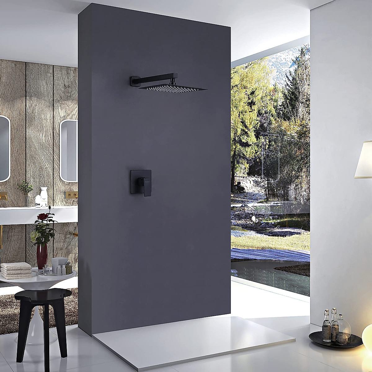 RBROHANT Black Shower Head and Handle Set, Matte Black Rain Shower Head with Valve Set, 10 Inch Overhead Shower Head Sets for Bathroom with Rough-in Valve, Wall Mounted, RB0785