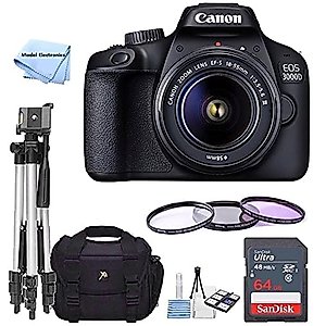EOS 3000D / Rebel T100 DSLR Camera with EF-S 18-55mm Zoom Lens + SanDisk 64GB Memory Card + Full Size Tripod + Case + 58mm Filter KIt + Model Electronics Cloth (Renewed)