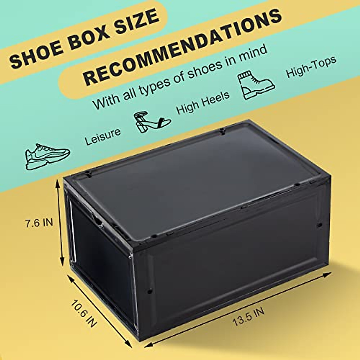 HIYOHIYO 4 Pack Drop Front Shoe Box, Shoe Boxes Stackable Sneaker Containers Magnetic Box Drop Front Shoe Organizer Shoes Cases Display Bins for Living Room Fit up to Size 12 (13.4x 9.8x 7.1) (Black)