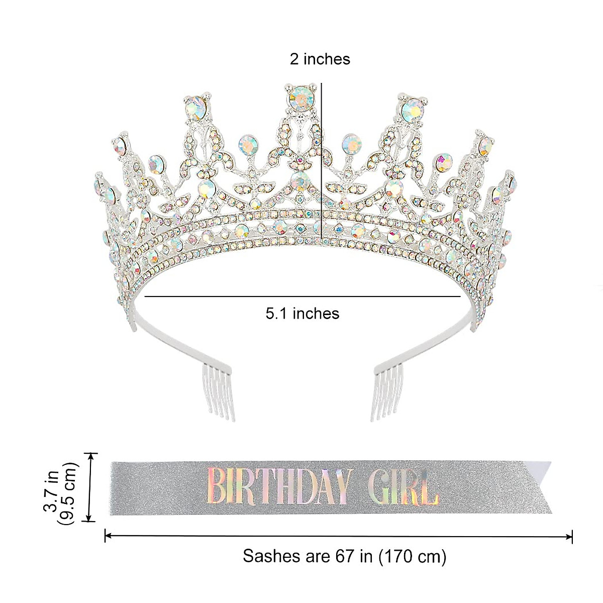 CURASA Silver Crystal Crown & Birthday Girl Sash Kit