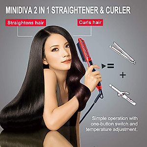 Minidiva 2-in-1 Hair Curler and Straightener with Anti-Scald, 30s Fast Ceramic Heating, 6 Heat Levels, Auto Off, 360 Swivel Cord Portable Hot Hair Straightener Brush for Home, Travel (Red)