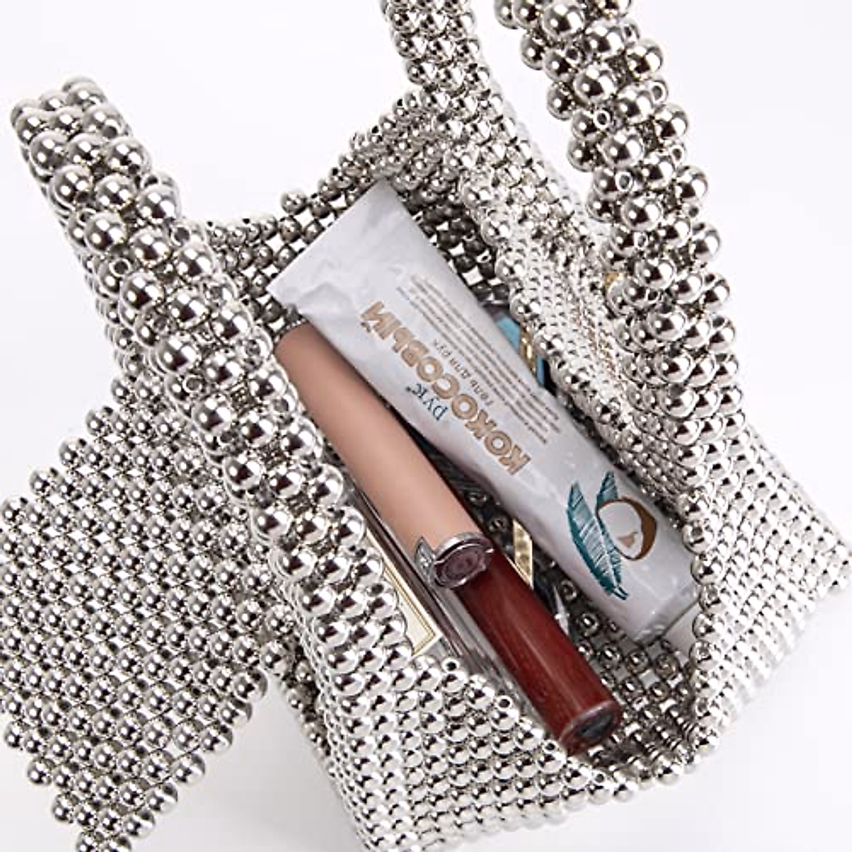 YUSHINY Small Acrylic Beaded Handbag Gold Stick Closure Cube Clutch for Wedding Evening Party (Silver)