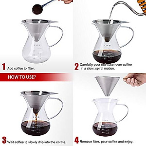 LHS Pour Over Coffee Maker Paperless Reusable Stainless Steel Filter and BPA-Free Glass Carafe -Hand Coffee Dripper Brewer Pot - 13.5 Ounce/ 400 ml …