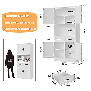HOSTACK 71“ Tall Kitchen Pantry Storage Cabinet, Modern Kitchen Hutch Bar Cabinet with Microwave Stand, Wood Buffet Sideboard with Hutch, Cupboard with Drawers, Shelves for Dining Room, White