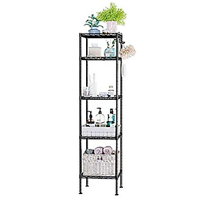 SONGMICS Bathroom Shelf, Storage Rack for Small Space, Total Load Capacity 220 lb, 11.8 x 11.8 x 48.6 Inches, with 5 PP Sheets, Removable Hooks, Extendable Design, Black and Translucent ULGR23BK