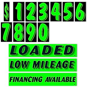 VERSA-TAGS 7.5" Black/Green Vinyl Number Decals 11 Dozen Set Windshield Pricing & 1 Pack of Each of Loaded, Low Mileage, Financing Available 14.5" x 2.75" Sticker Windshield Decal Auto Dealership