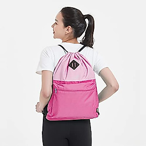 WANDF Drawstring Backpack Sports Gym Bag with Wet Compartment, Water-Resistant String Bag Cinch Bag for Women Men (Pink.)