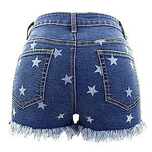 New Slim Tassel Shorts,THENLIAN Women Sexy Star Print High Waist Jeans Button Pocket Pants(S, Dark Blue)
