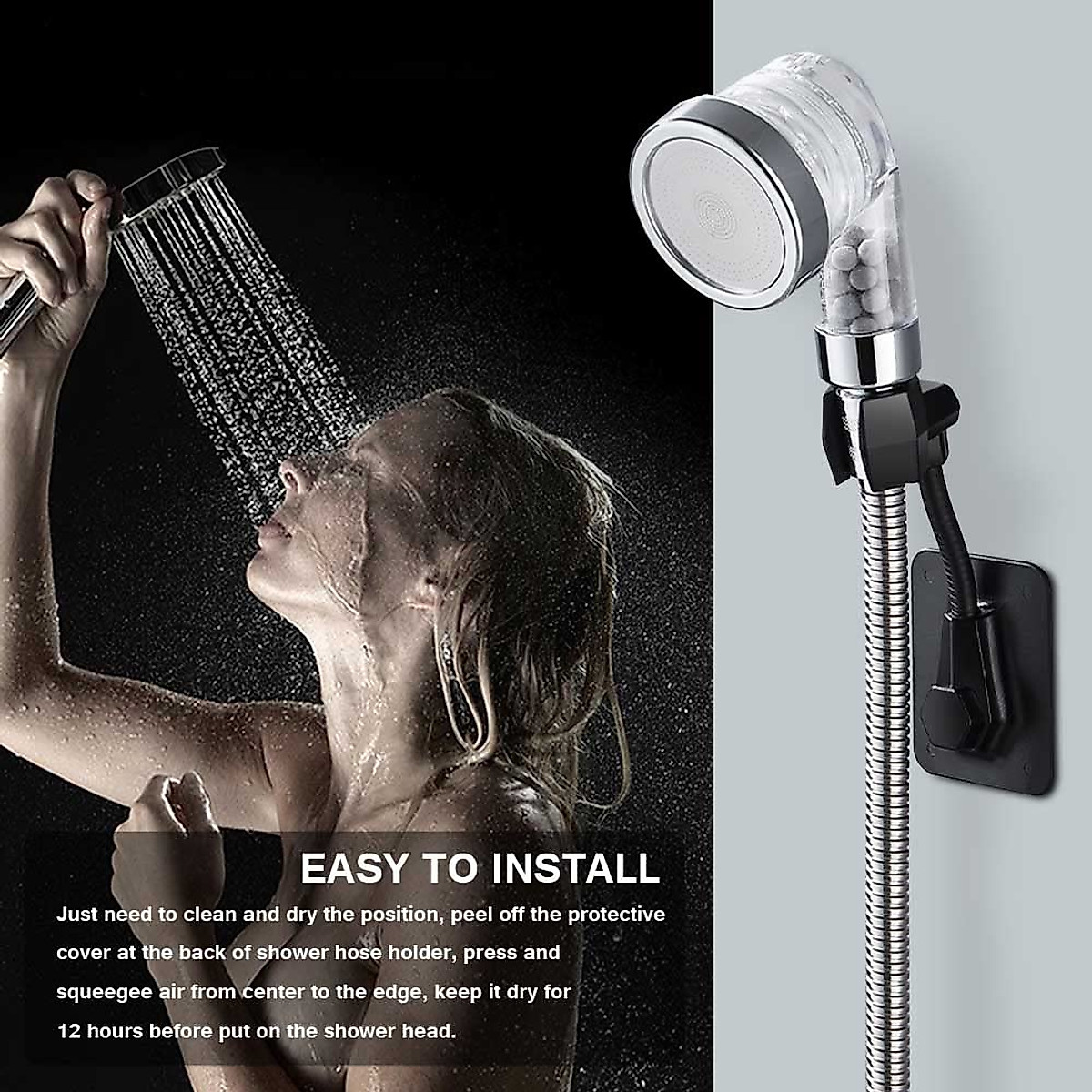 Shower Head Holder Strong Adhesive 360 Degree Rotatable Adjustable Handheld Shower Wand Holder Wall Mount Bracket for Bathroom (Black)