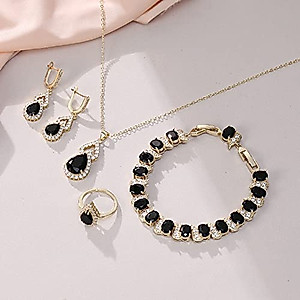 Mayfox Bridal Cubic Zirconia Open Ring Bracelet Necklace Dangle Earrings Set, Waterdrop Oval White Gold Plated Jewelry Gifts for Women Girl Black_Gold Tone