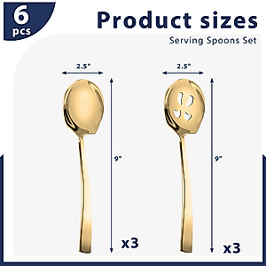 HANSGO Serving Spoons Set, 3 Serving Spoons and 3 Slotted Spoons, 9 Inch Stainless Steel Serving Utensils Set for Buffet Banquet Kitchen, Gold