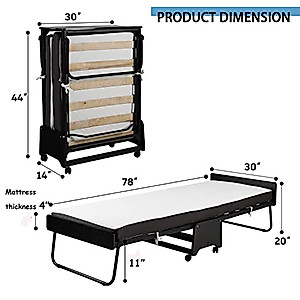 FUNKOCO Single Folding Bed with 4” Memory Foam Mattress for Adults,Portable Rollaway Cot Size Guest Bed with Sturdy Steel Frame on Wheels for Home & Office,78 x 30 Inch