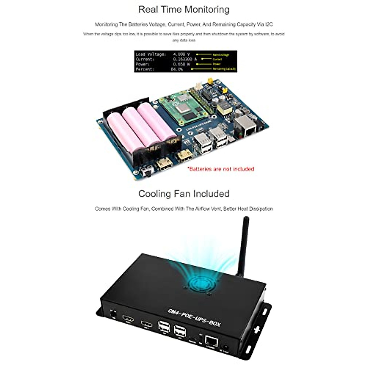 Waveshare PoE UPS Uninterruptible Power Supply Base Board/Mini-Computer Designed for Raspberry Pi Compute Module 4 Gigabit Ethernet Dual HDMI Quad USB2.0