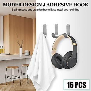 16 pcs Adhesive Hooks, Silver Command Hooks，Wall Hooks Heavy Duty 304 Stainless Steel Wall Hooks Adhesive for Hanging Jackets, Party Light Strip, Kitchenware, Keys, Bags and Hats (Silver)