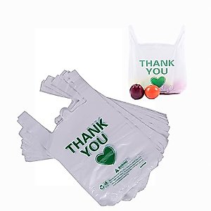 ysmile Plastic Grocery Bag Thank You Reusable T Shirt Plastic Merchandise Bag for Small Business Food To Go Bag with Handle 12x19 Inch 50 pcs Carry Out