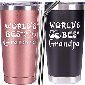 EBE EmmasbyEmma Stainless Steel Grandparents Gift Set, 20 oz Tumbler for Grandma & Grandpa, Rose Gold & Black, Includes Straw & Brush