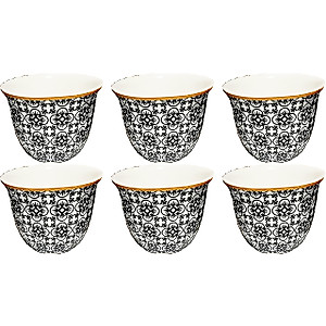 Chandler Espresso Turkish Arabica Coffee Cup Assorted Design Available from Brand 70ml 2.5oz Set of 6 Cups with Gift Box (Porcelain, White Porcelain with Black Flowers H)