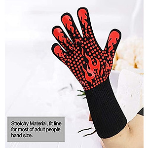 BBQ Gloves 1472℉ Extreme Heat Resistant Protective Cooking Gloves Food Grade Kitchen Oven Mitts with Silicone Non-Slip Grip for BBQ Cooking/ Baking/Smoker/ Fireplace/Welding/ Large & XL (Red+Blue)