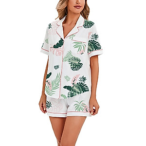 LUBOT 100% Cotton Women's Pajamas Set Short Sleeve Button-Down Shirt PJ Two-piece Set Printed Patterned Summer Night Suit Sleepwear Loungewear (Leaves, L)