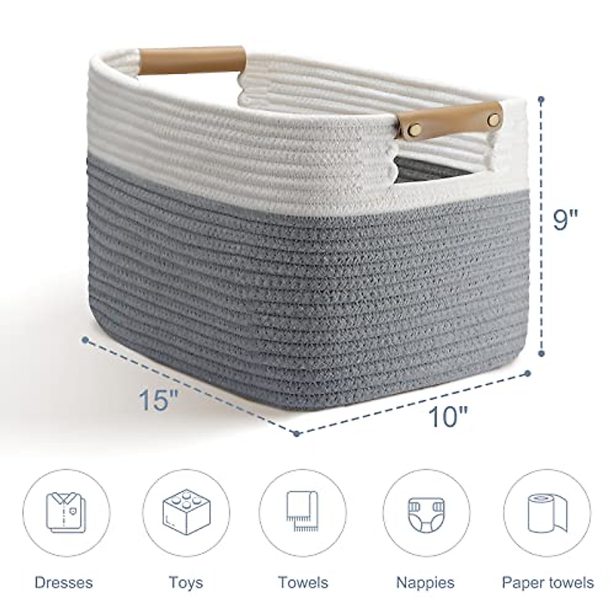 LOVSTORAGE Cotton Rope Basket for Storage, Set of 3 Storage Baskets for Organizing with Handles Woven Laundry Basket in Living Laundry Room for Blankets Toys Throws Pillows Towels 15"x10"x9" White/Grey
