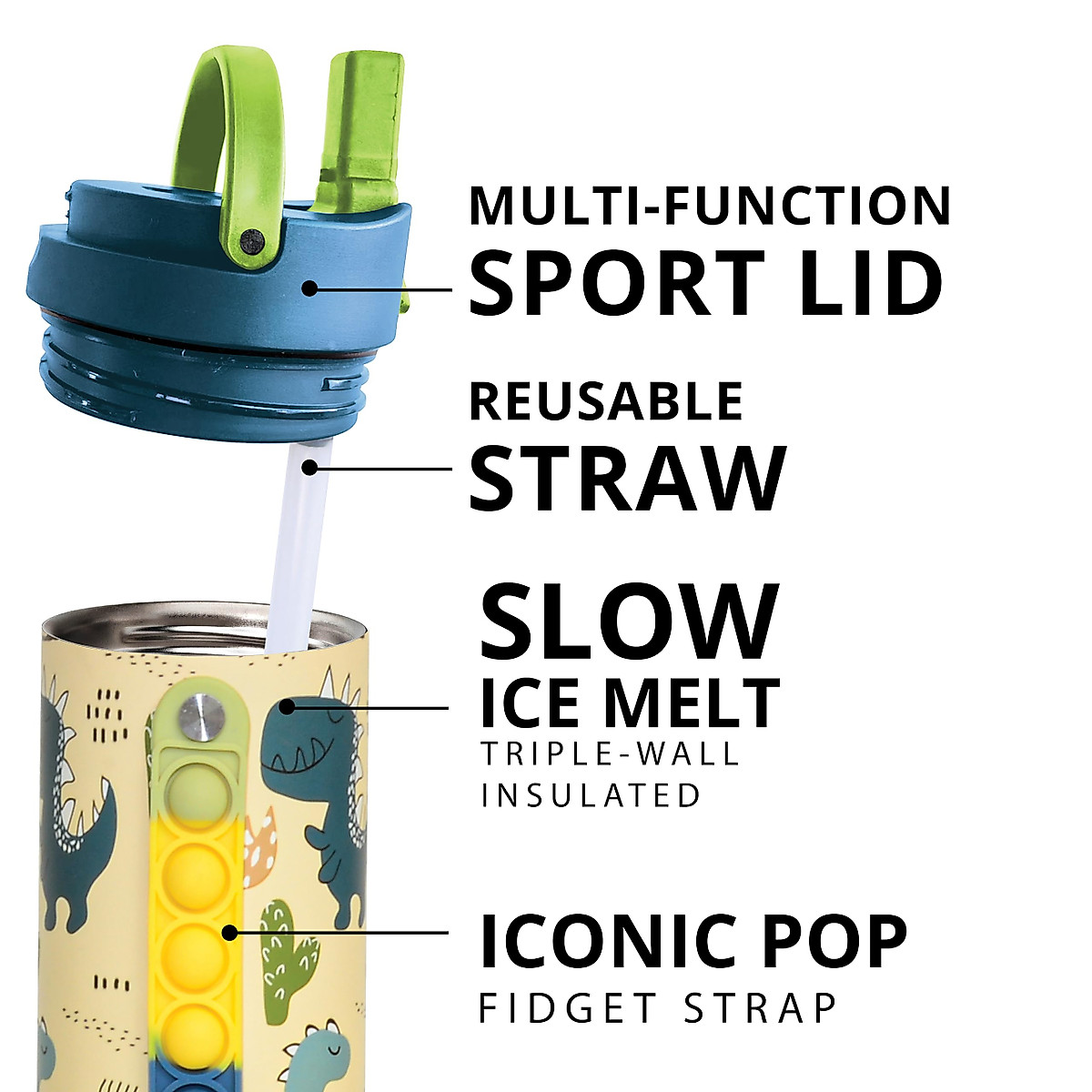Elemental Iconic Kids Water Bottle with Straw Lid & Stress Reliever Pop It Handle, Leak-Proof When Closed, Triple Insulated Stainless Steel Reusable Thermos Water Bottle, 20oz - Dinosaur