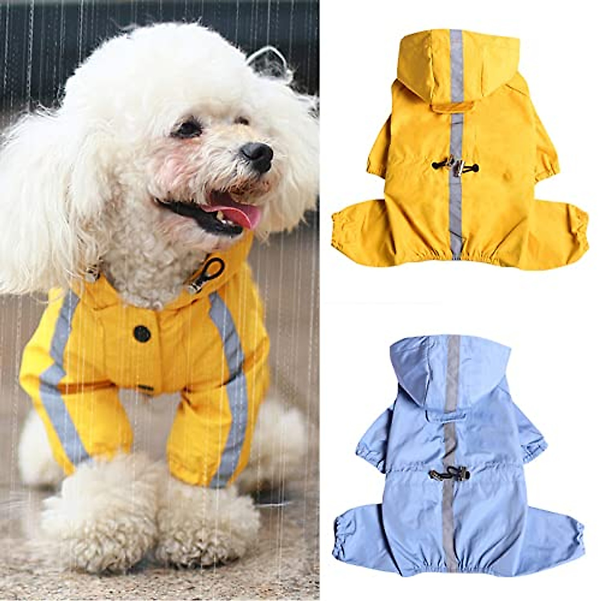 ACSUZ Pet Dog Raincoats Reflective Small Large Dogs Cats Rain Coat Waterproof Jumpsuit Jacket Outdoor Hooded Puppy Clothes,Blue,S