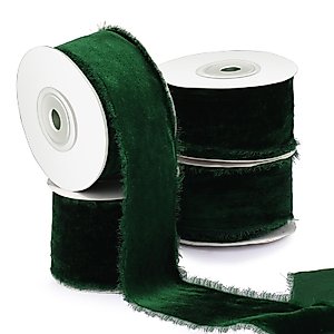 Preboun 4 Rolls Velvet Ribbon for Gift Wrapping 24 Yards Total Frayed Edge Velvet Silk Ribbon for Valentine's Day Wedding Baby Shower DIY Crafts Decor(Dark Green,1.5 Inch)