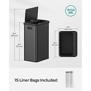 SONGMICS Motion Sensor Trash Can, 18-Gallon (68L) Automatic Kitchen Garbage Can with Stay-Open Lid, Soft Close, Stainless Steel, 15 Trash Bags Included, Ink Black ULTB630B68
