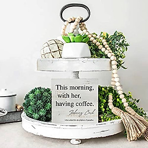 Funny Coffee Wooden Box Sign Desk Decor This morning with Her Having Coffee Wood Block Plaque Rustic Box Sign for Home Kitchen Shelf Table Decoration (5 X 5 Inch)