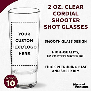 Custom Cordial Shooter Shot Glasses 2 oz. Set of 10, Personalized Bulk Pack - Great for Birthdays, Parties, Indoor & Outdoor Events - Clear