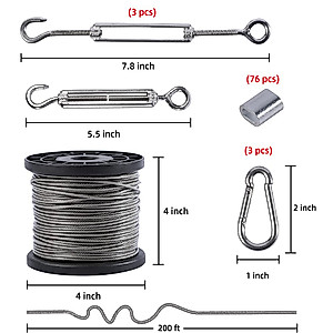 Outdoor String Light Hanging Kit, 200ft Coated Stainless Steel Cable Light Guide Wire, Contain Turnbuckle and Hooks, for Indoor and Outdoor Lights, Patio, Garden