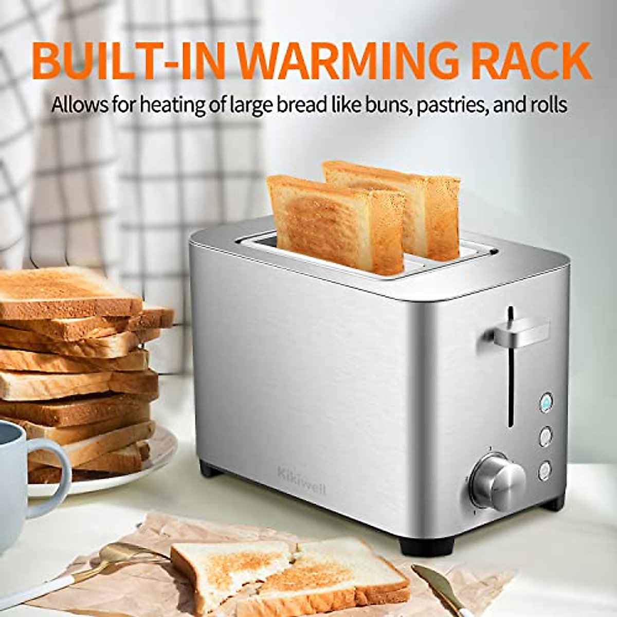Kikiwell Toaster 2 Slice, Stainless Steel Bread Toasters, Extra Wide Slots, 6 Bread Shade Settings, Bagel/Defrost/Cancel Function, Removable Crumb Tray, 120V/850W (2 Slice)
