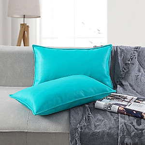 YINNAZI Thick Heavy Duty Soft Faux Leather Throw Pillow Covers, Solid Color, Waterproof Dustproof, Square Garden Cushion case, Pillowcase for Patio Couch Sofa Bench, 12x 20 Inch, Set of 2, Teal Green