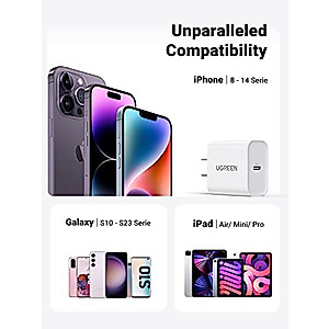 UGREEN 20W USB C Charger PD Fast Charger Block USB-C Wall Charger Power Adapter Compatible with iPhone 14/14 Pro Max/iPhone 13/12 Pro Max/SE/11, Pixel, Galaxy S23/S22/S21/S20/Note 10, iPad Mini/Pro