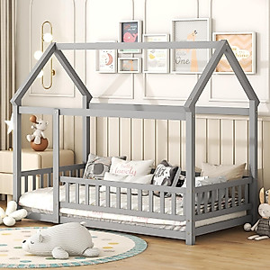 Harper & Bright Designs Twin Floor Bed for Kids, Wooden Twin Montessori Floor Bed with Fence-Shaped Rails, Twin Size House Bed for Girls, Boys(Twin, Grey)