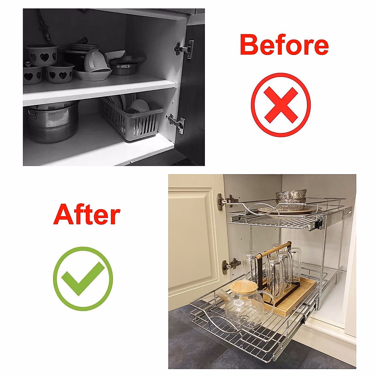 Sikarou Pull Out Cabinet Organizer 9" W x 21" D 2-Tier Individual Slide Out Drawer Pantry Shelf Storage for Kitchen Base Cabinet Organization ​for Kitchen, Bathroom, Pantry, Chrome