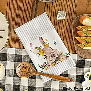 Artoid Mode Stripes Beige Bunny Rabbit Eggs Easter Kitchen Towels Dish Towels, 18x26 Inch Seasonal Spring Flowers Leaves Holiday Decoration Hand Towels Set of 2