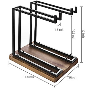 MyGift Industrial Metal Wine Glass Rack Holder Stand with 2 Hanger Bars and Rustic Wooden Base, Countertop Hanging Stemware Holder
