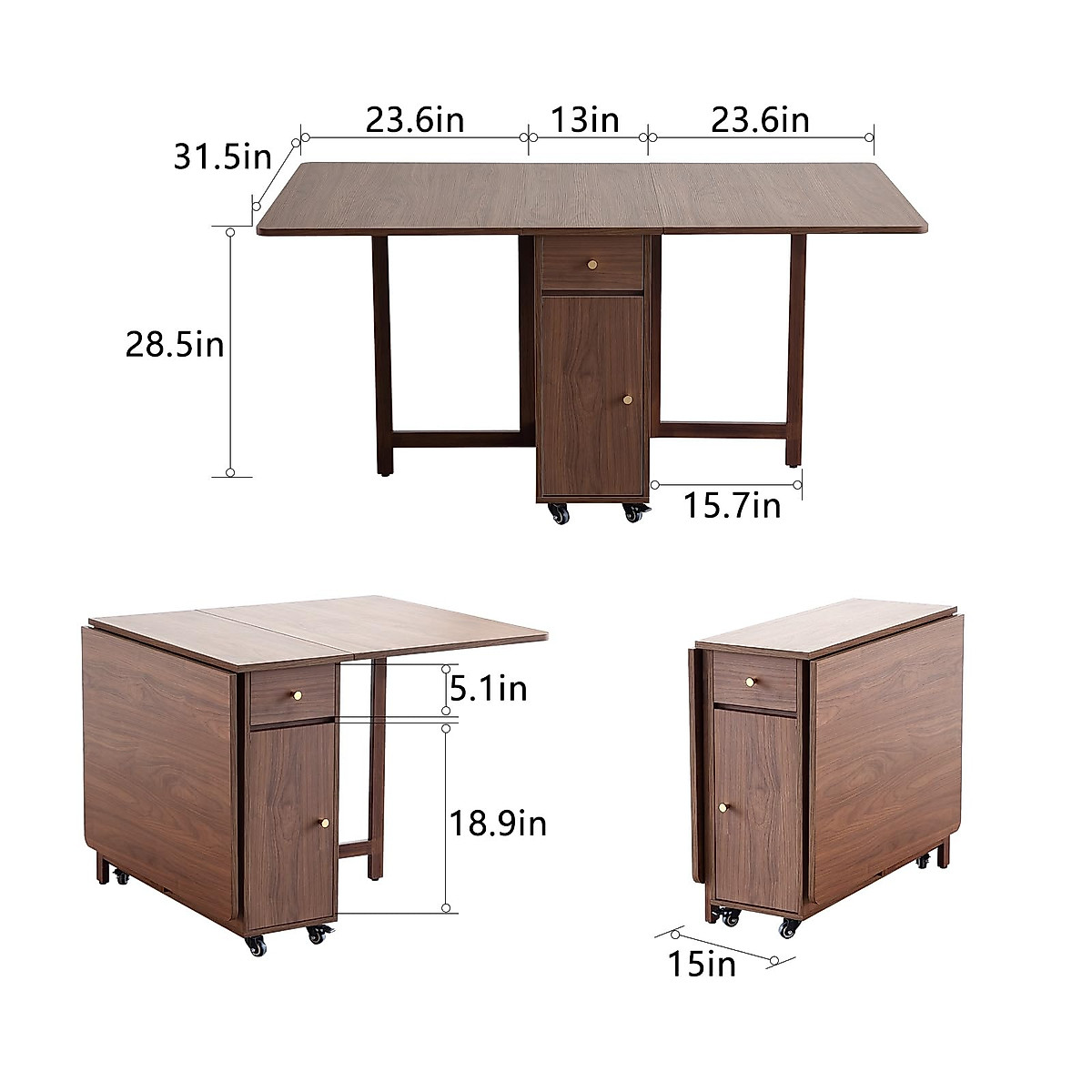 COMUHOME Extendable Drop Leaf Foldable Dining Table with 2 Drawers and 4 Wheels for Living Room Kitchen Farmhouse Space Saving Table in Walnut