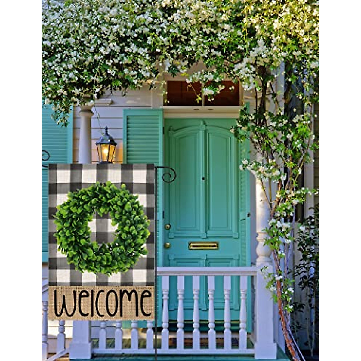 Welcome Spring Garden Flag for Outside,Buffalo Plaid Boxwood Wreath Small Yard Flag, Summer Seasonal Decors for Outdoor Farmhouse Holiday 12x18 Double Sided