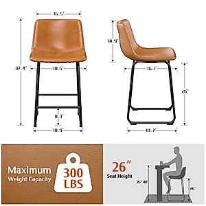 REONEY Bar Stools Set of 4, PU Leather Counter Height Bar Stools, 26" Modern Bar Stools with Metal Legs and Footrest, Urban Armless Dining Chairs with Backrest for Kitchen Island (Brown)