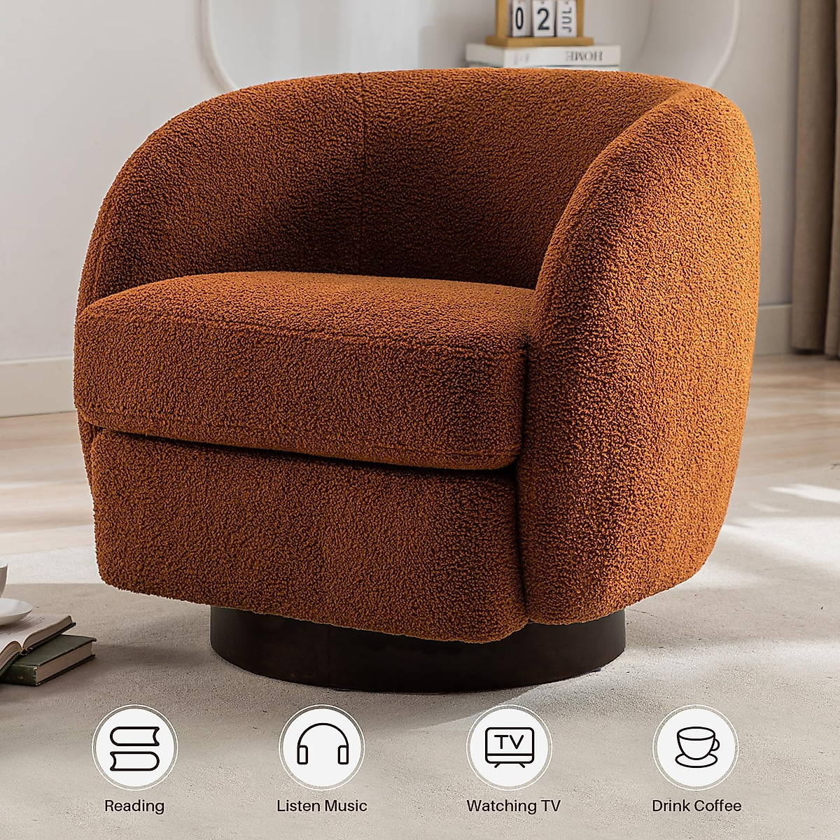 obmedin Swivel Accent Barrel Armchair with Wood Base Round Boucle Modern Upholstered Accent Chair for Nursery Living Room Bedroom Nursery Club, Burnt Orange