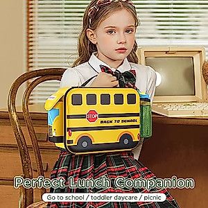 TIME4DEALS Lunch Box for Kid Boy Girl, 6 Compartments Lunch Container with Tableware Lunch Bag Set, 1330ML Ideal Portion Sizes Bento Box, Reusable Meal and Snack Packing Leakproof (Yellow School Bus)