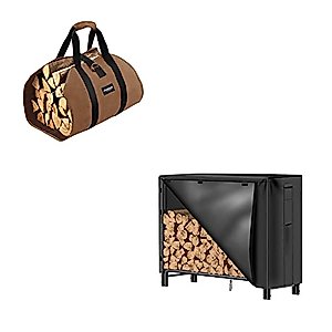 Amagabeli 5ft Firewood Log Rack with Cover Combo Set Waterproof Outdoor Log Holder Fireplace Carrier Waxed Firewood Canvas Log Carrier Tote Bag Outdoor