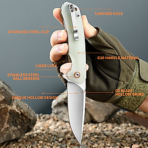 SUMACO Pocket for Men Knife D2 Steel & G10 Handle 3.54" Blade Length Pocket Knives With Clip & Folding Knives - EDC Camping Fishing Outdoor Jade