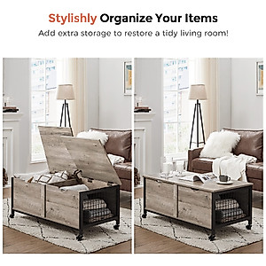 VASAGLE Coffee Table, Living Room Table with Flip Tops, 2 Hidden Compartments and Casters, Storage Cabinet, for Living Room, Bedroom, Industrial, 39.4 x 21.7 x 17.7 Inches, Greige and Black ULCT231B02