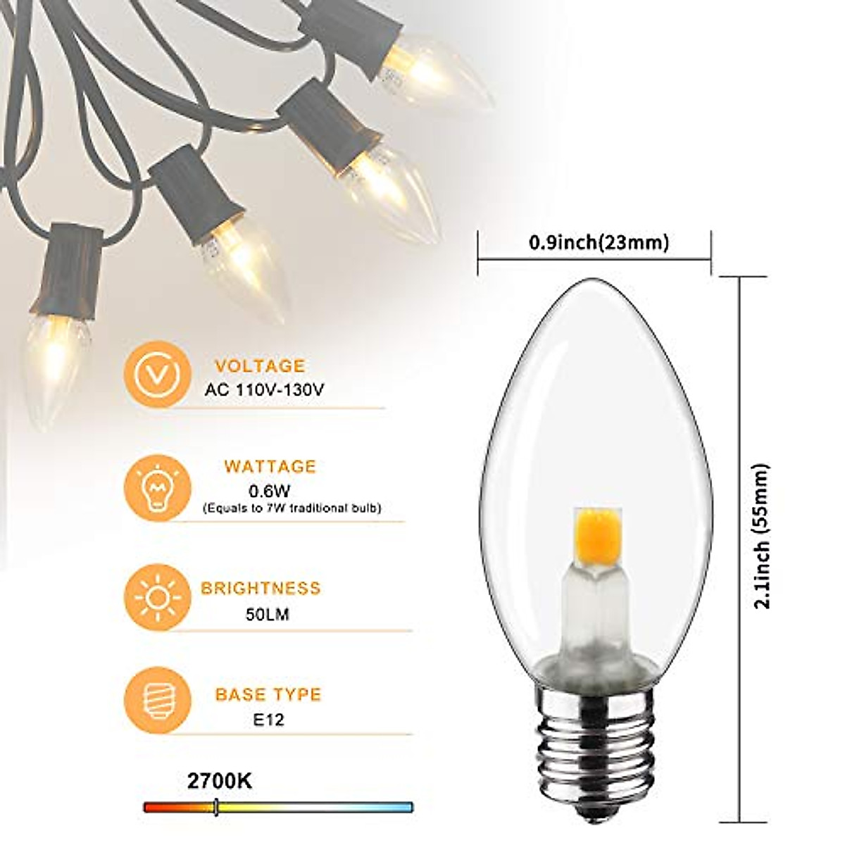 MYEMITTING Night Light Bulb – C7 E12 LED Bulbs – Candelabra, 0.6 Watt Equivalent 7W Incandescent Bulb, Warm White 2700K, Window Candles & Chandeliers Replacement Bulb, 6 Pack