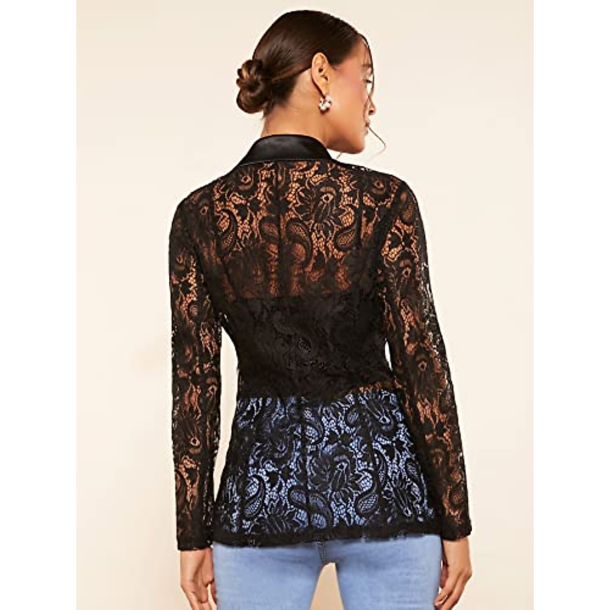WDIRARA Women's Floral Lace Mesh One Button Lapel Neck Long Sleeve Elegant Jacket Blazer Black S