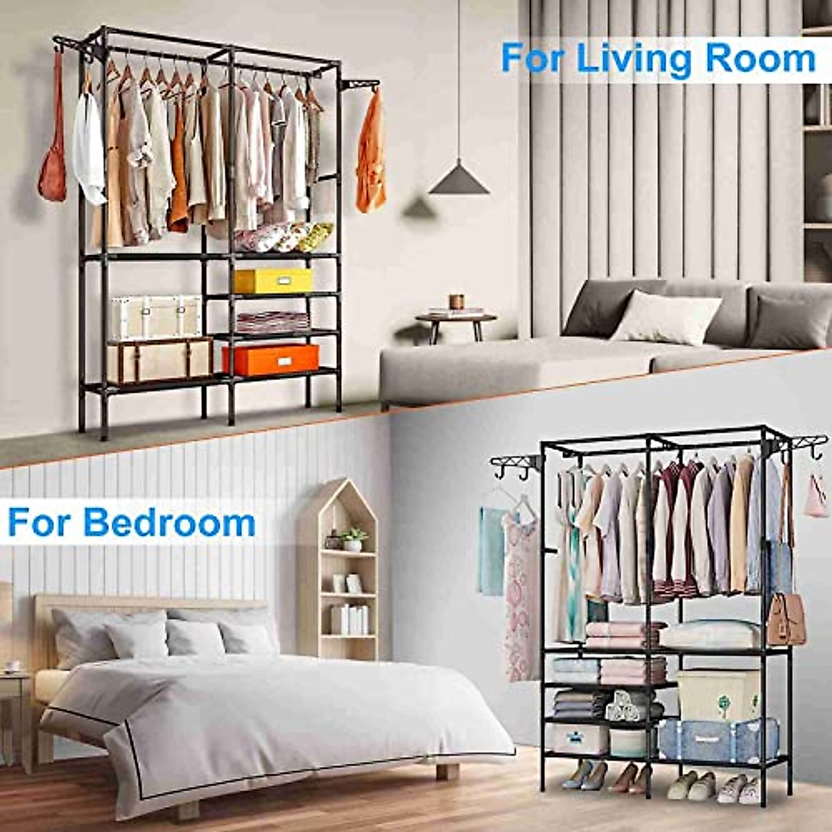 TeqHome Garment Rack, 42'' Freestanding Clothes Rack Shoe Clothing Organizer Shelves, Multifunctional Clothes Wardrobe with 4 Hooks & 2 Hanging Rods, Coated Iron Frame, Easy Assembly, Max Load 350lbs